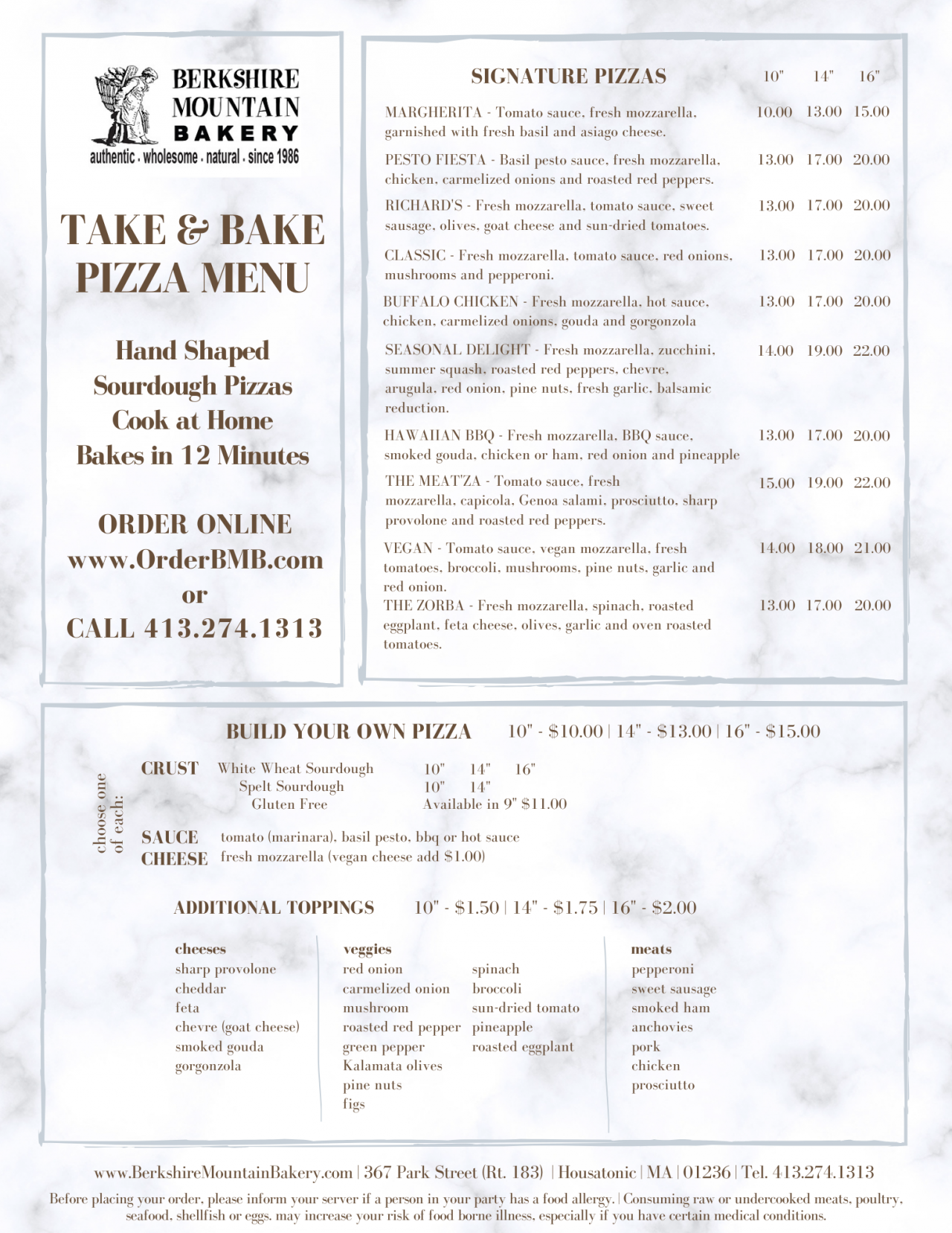 Take & Bake Pizza Menu–Housatonic Location ONLY – Berkshire Mountain Bakery